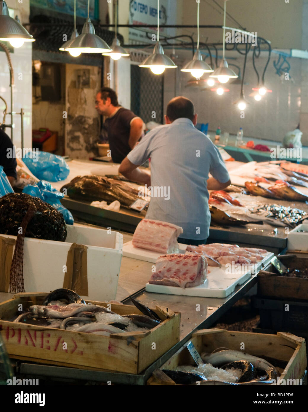 Fishmonger shop at the indoor market in Chania Crete Greece Stock Photo ...