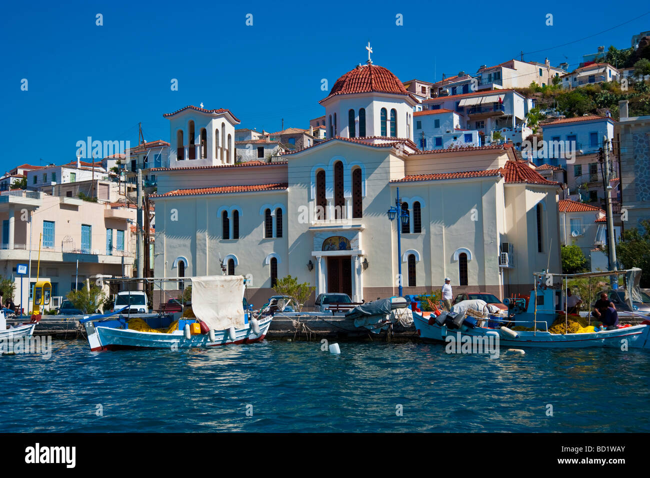 Fishing boats in front of church at Poros Greece Saronic Golf Stock ...
