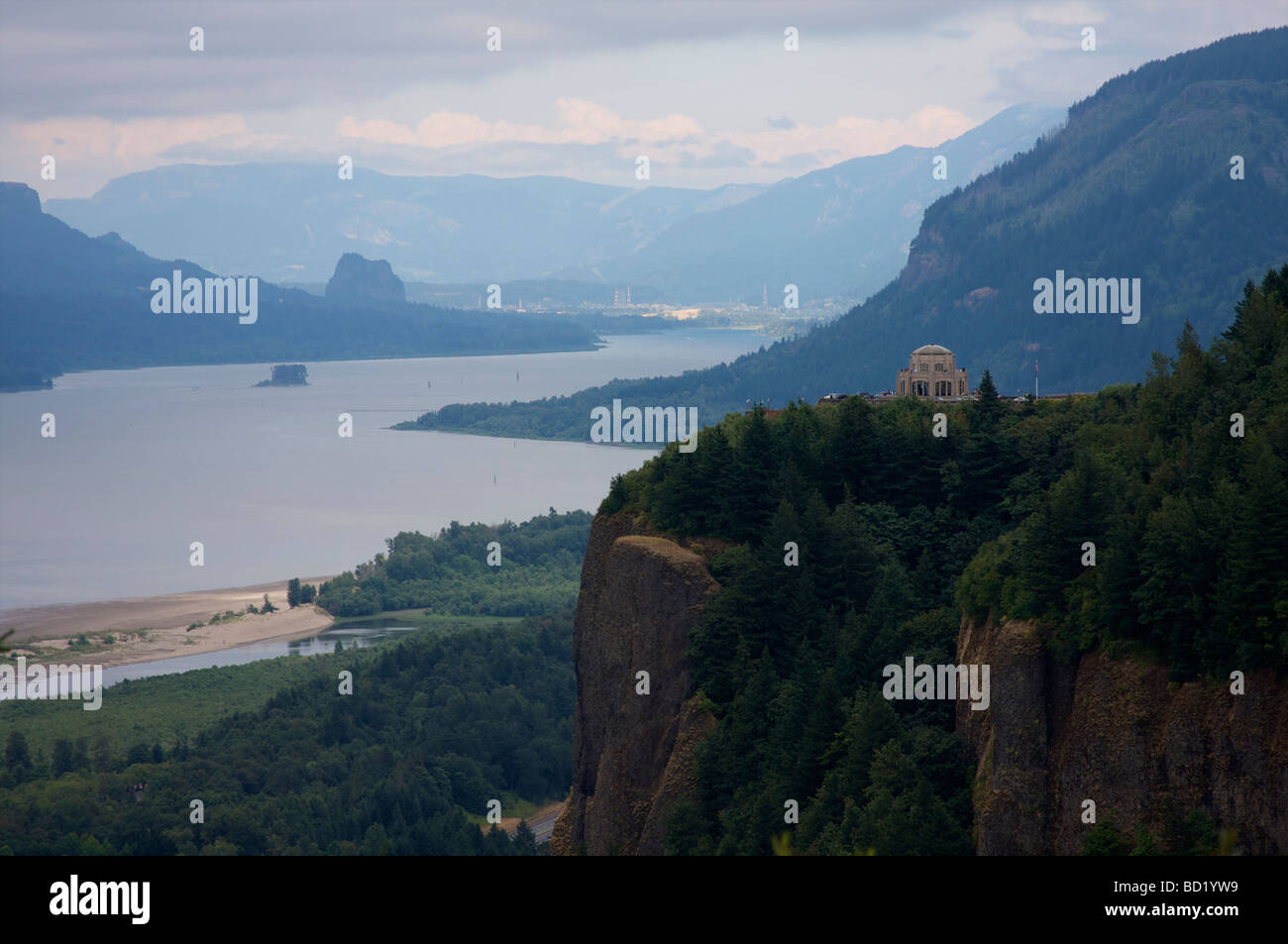 The Vista House overlooks the Columbia River Gorge along the Historic ...