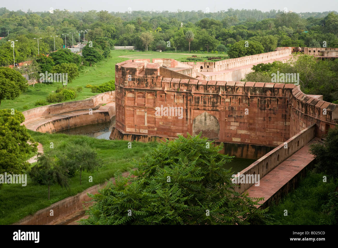 Fortified palace city walls around the Red Fort, Agra Fort, Agra. India ...
