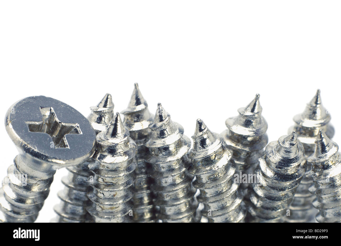 Close up of metal screw arranged on white background with copy space ...