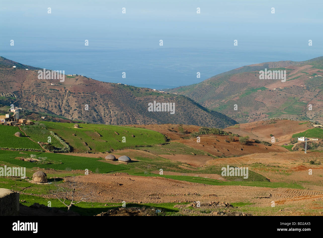 Landscape with agricultural fields the Rif mountains and the ...