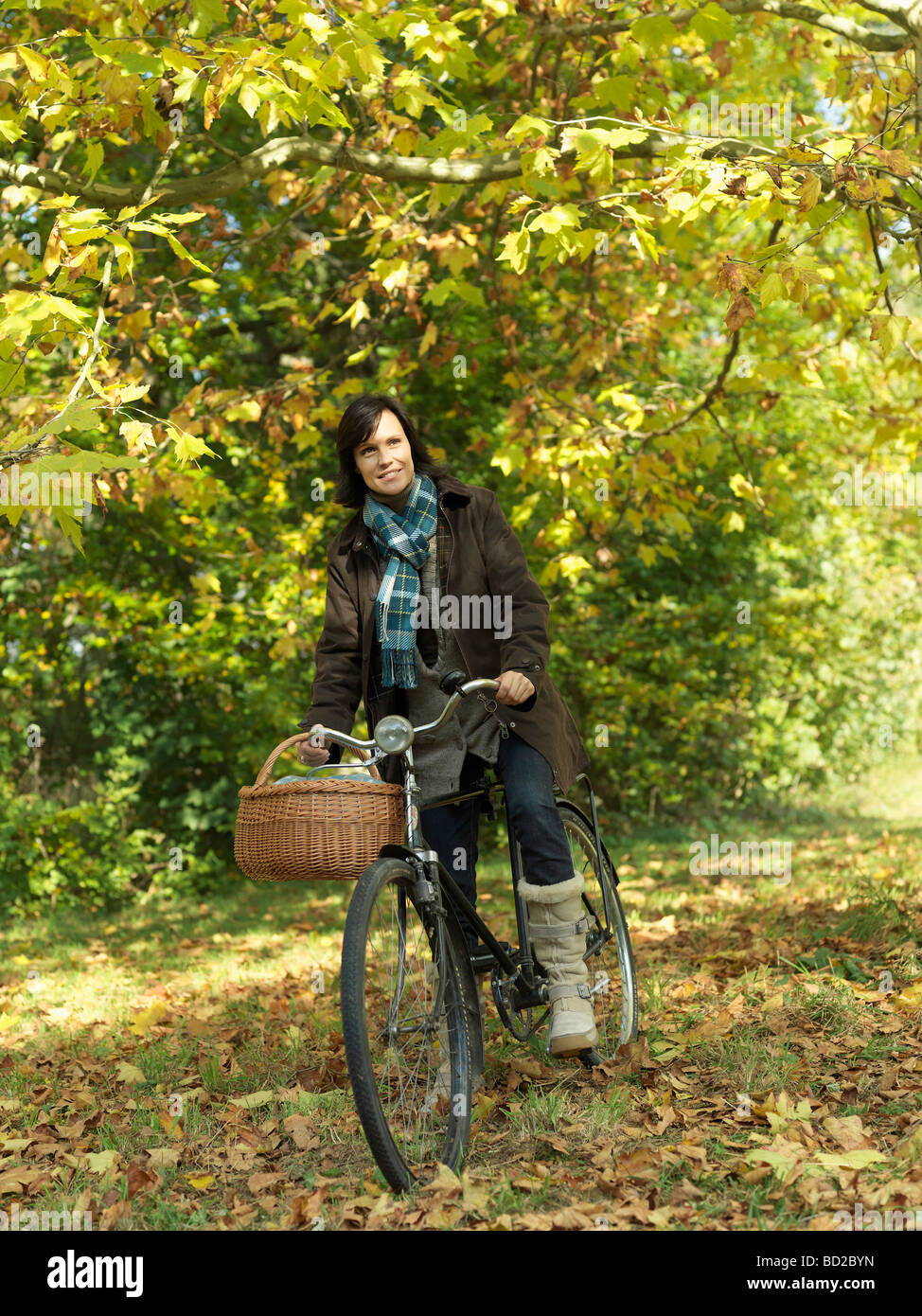 Woman riding bicycle under Autumn trees Stock Photo - Alamy