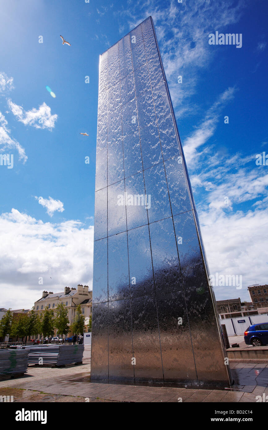 Water feature outside Wales Millennium Centre at Cardiff Bay waterfront ...