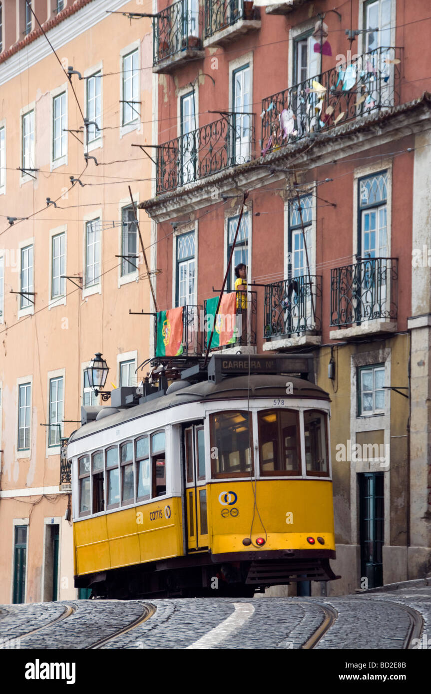 Tram in Lisbon street Portugal Stock Photo - Alamy