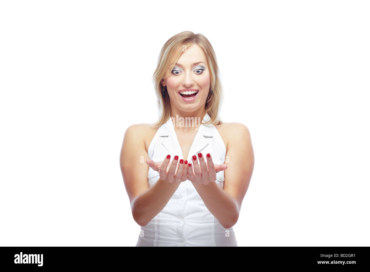 Happy lady holding something in her hands Stock Photo - Alamy