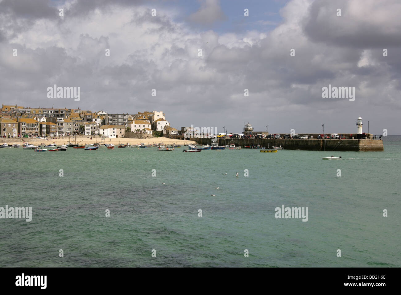 Town of St Ives, England. Aerial view of St Ives Harbour with Smeaton’s ...
