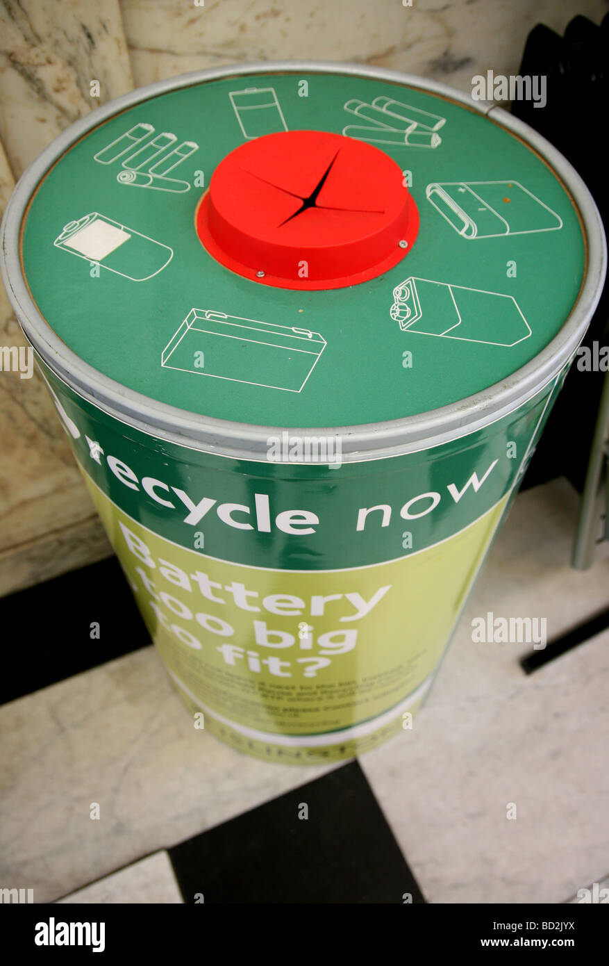 Battery recycling bin in London library Stock Photo - Alamy