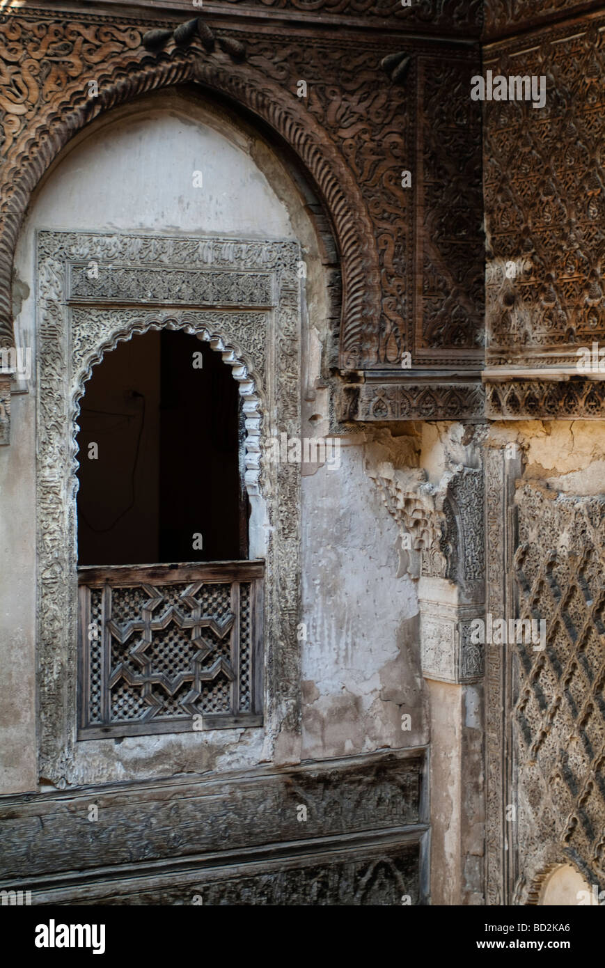 Wood and plaster carvings in the interior courtyard of the Medersa ...