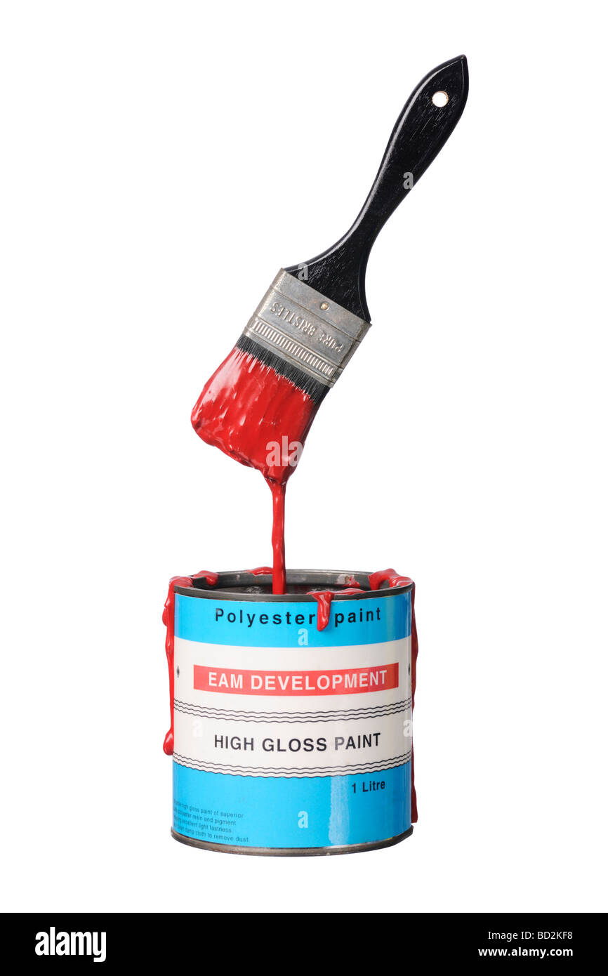 Paint brush pot can red tub Stock Photo - Alamy
