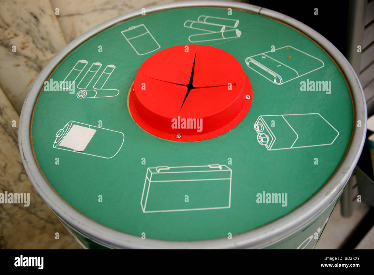 Battery recycling bin in London library Stock Photo - Alamy