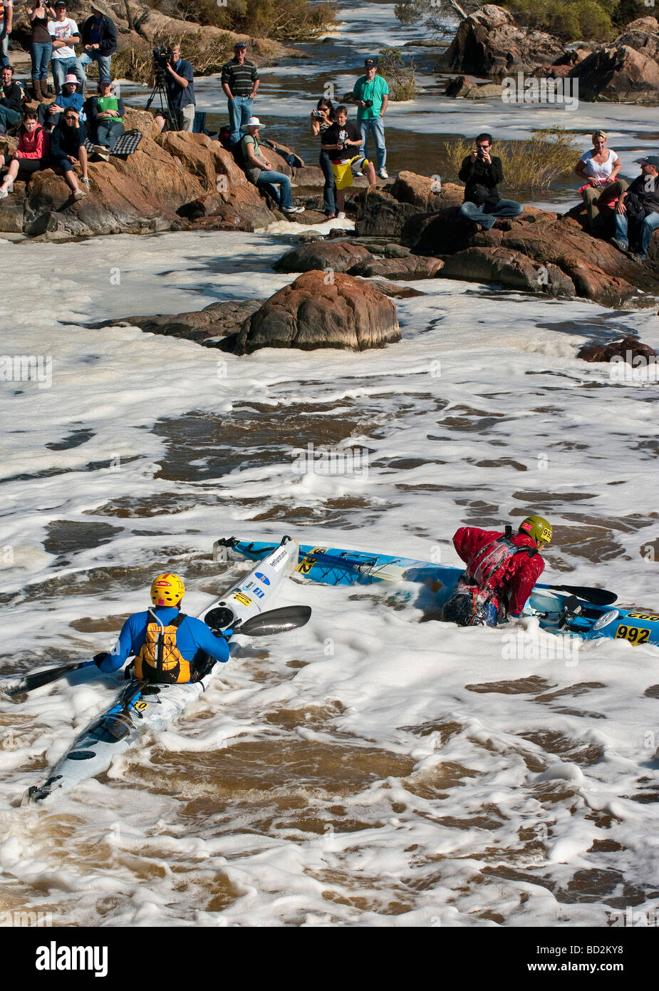 Overturned kayak while shooting the rapids at the Avon Descent ...