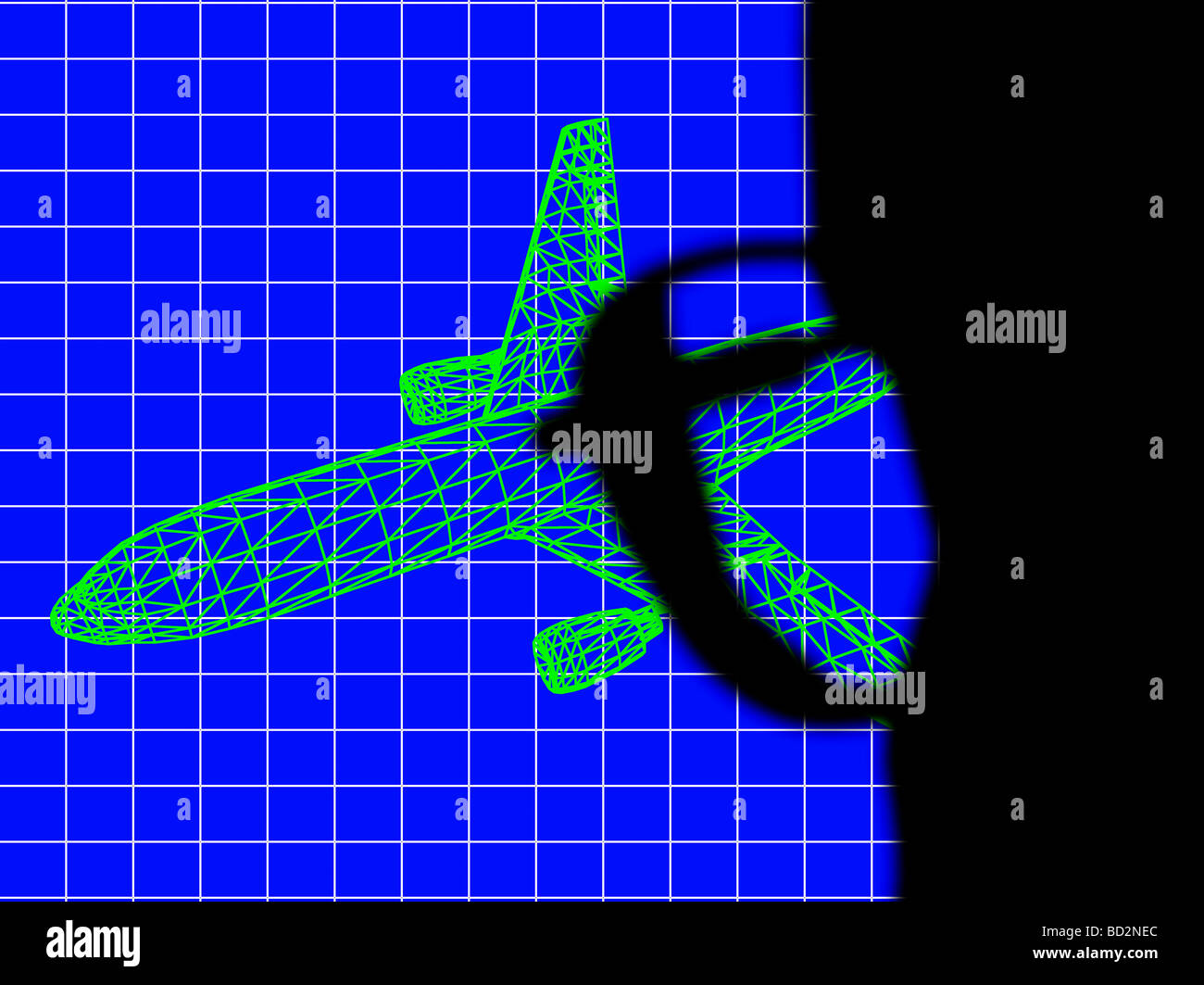 3D wire frame jet airplane image on monitor screen with aeronautical ...