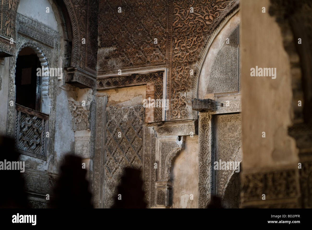 Wood and plaster carvings in the interior courtyard of the Medersa ...