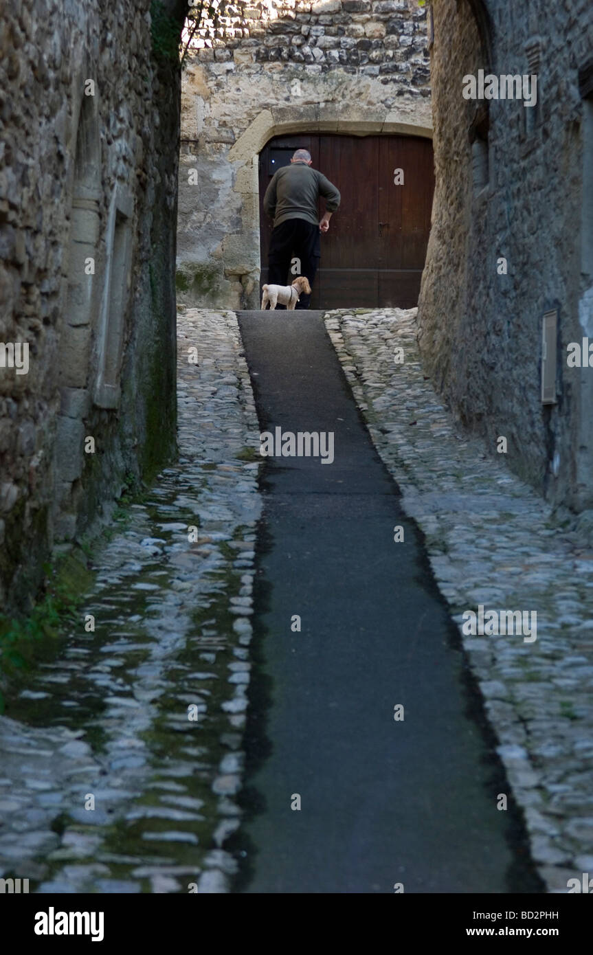 Rear view of an old Frenchman and his French Poodle dog in the village ...