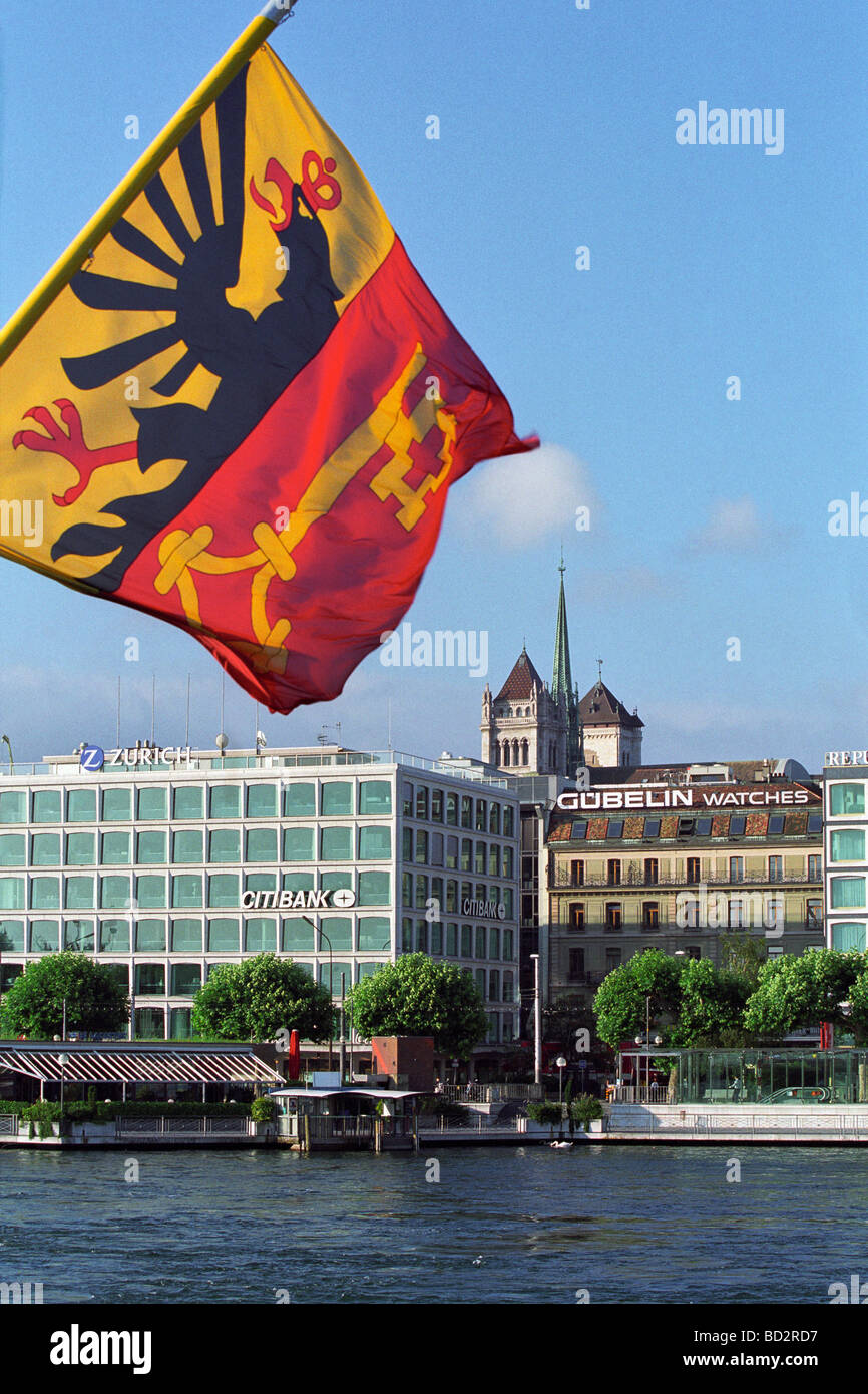 Flag of the Swiss Canton of Geneva with the spire of St. Pierre ...