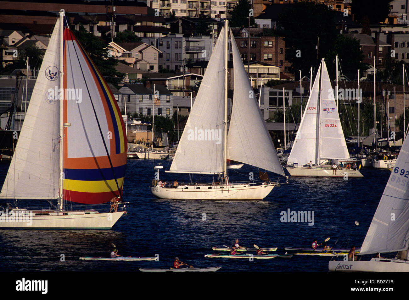 Sailboats racing on Lake Union to the finish line with kayakers Seattle ...