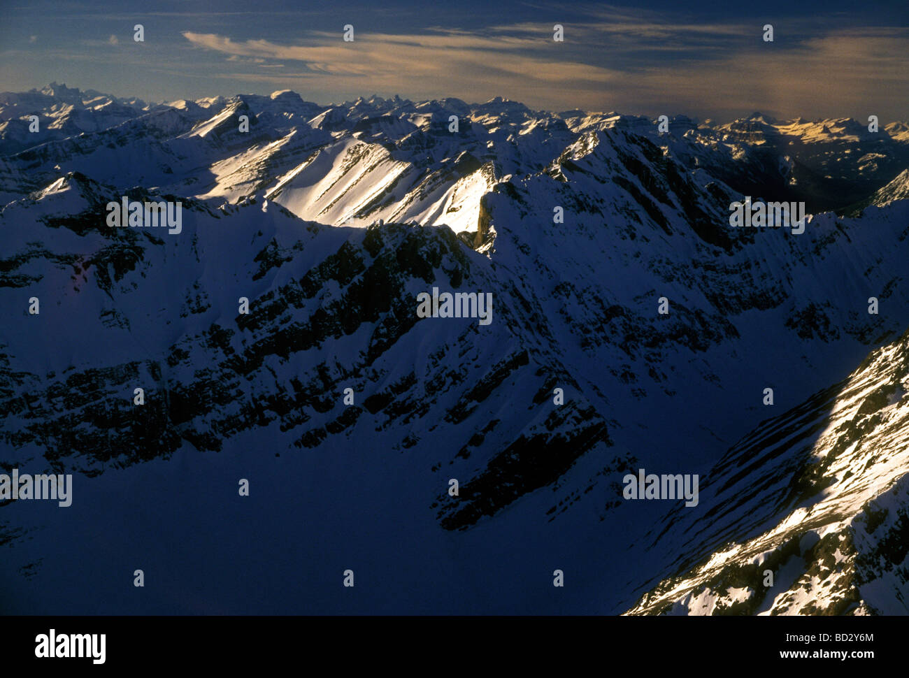 aerial view of the Canadian Rockies along Continental Divide in Banff ...