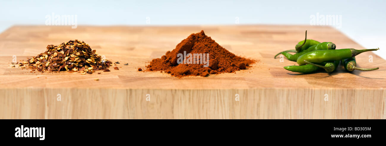 Panoramic photo of a selection of chilli types, dried, powdered and ...