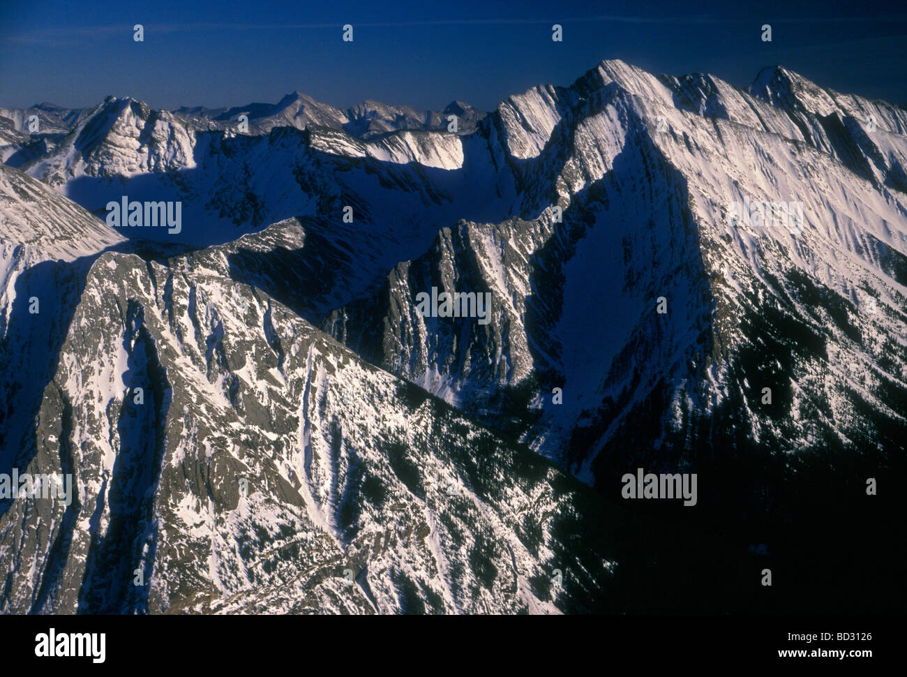 aerial view of the Canadian Rockies along Continental Divide in Banff ...