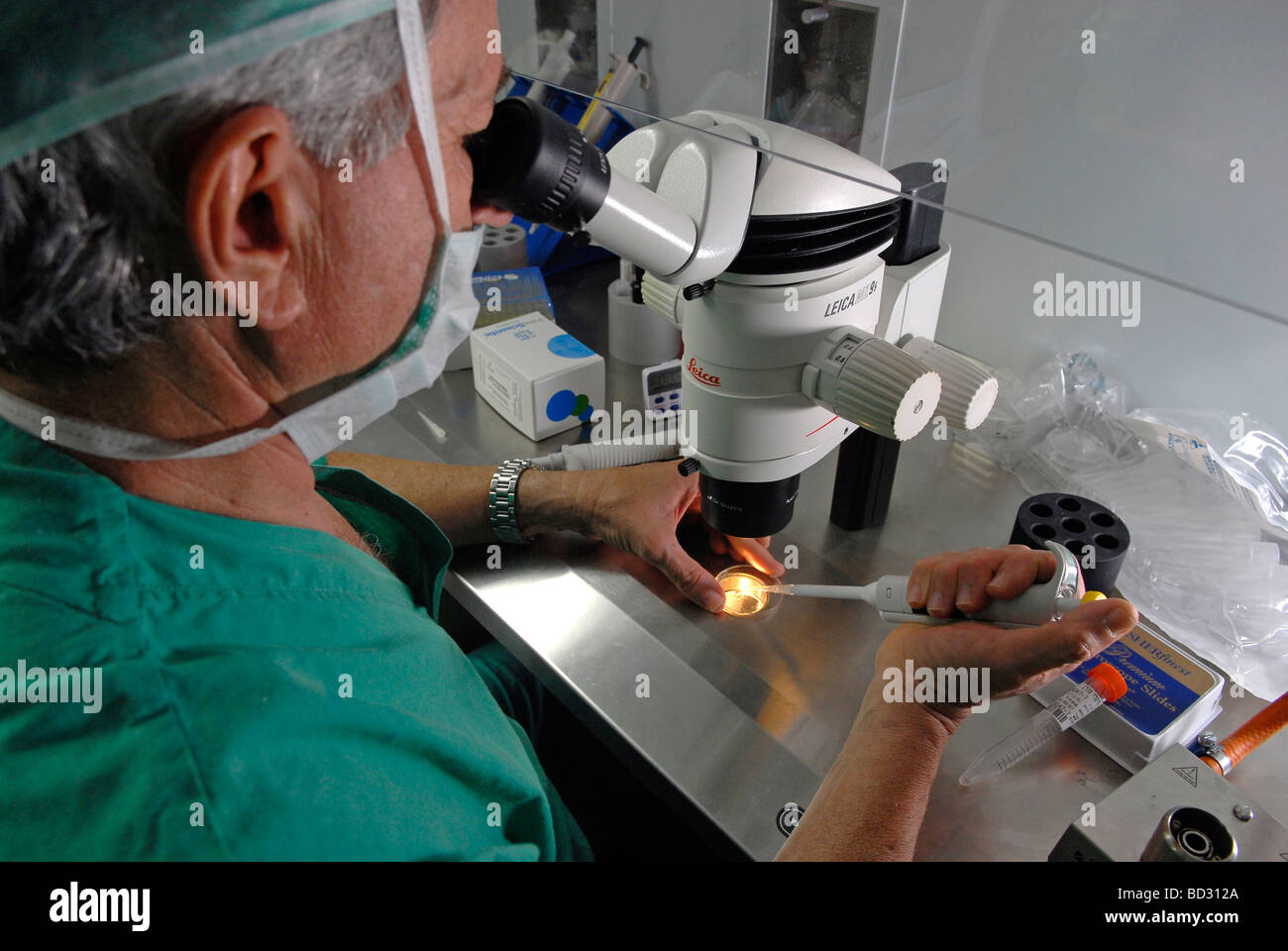 Embryologist placing embryo on a culture dish during Vitrification ...