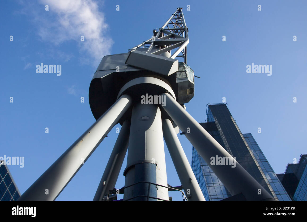 looking up at historic port dock crane canary wharf london england ...