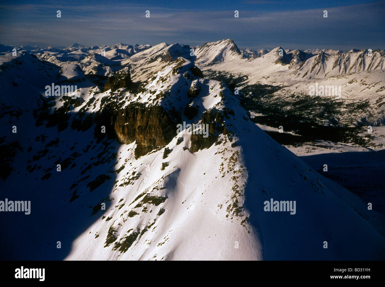 aerial view of the Canadian Rockies along Continental Divide in Banff ...