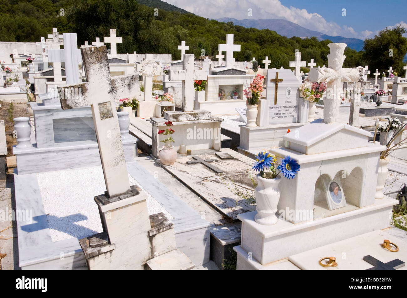 Traditional Greek cemetery with white marble tombs at Sami on the ...