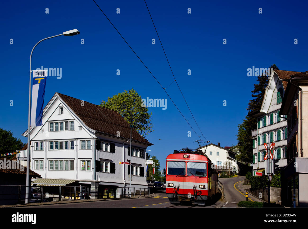 Appenzeller Bahnen local train in the main street of Teufen ...