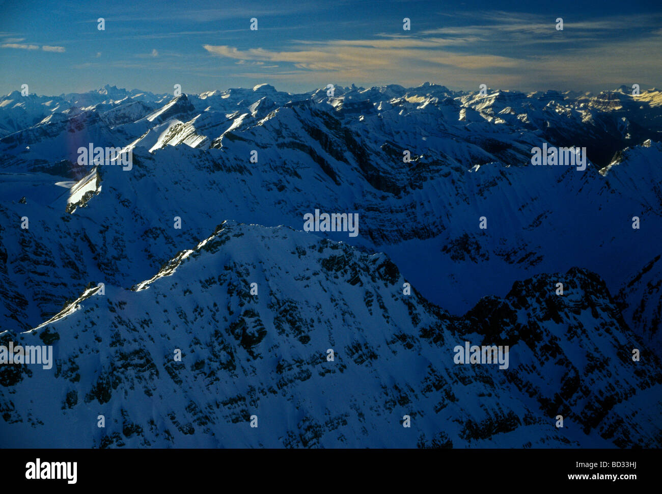 aerial view of the Canadian Rockies along Continental Divide in Banff ...