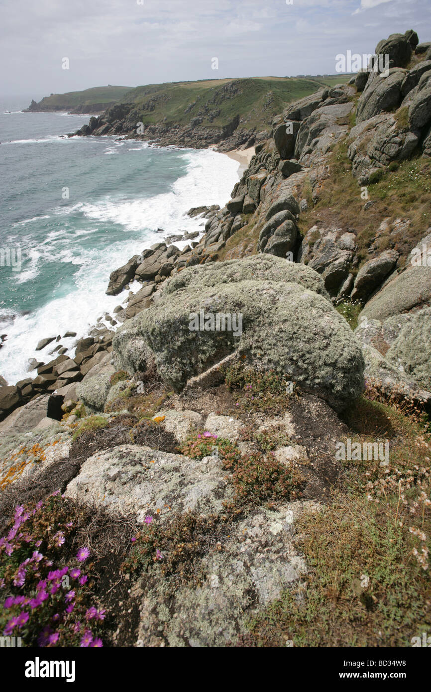 Village of St Levan, England. View of the cliffs looking west from ...