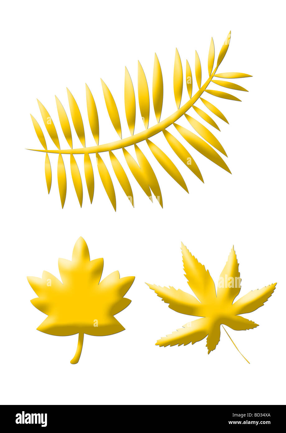 Three golden autumnal leaves isolated on white background Stock Photo ...