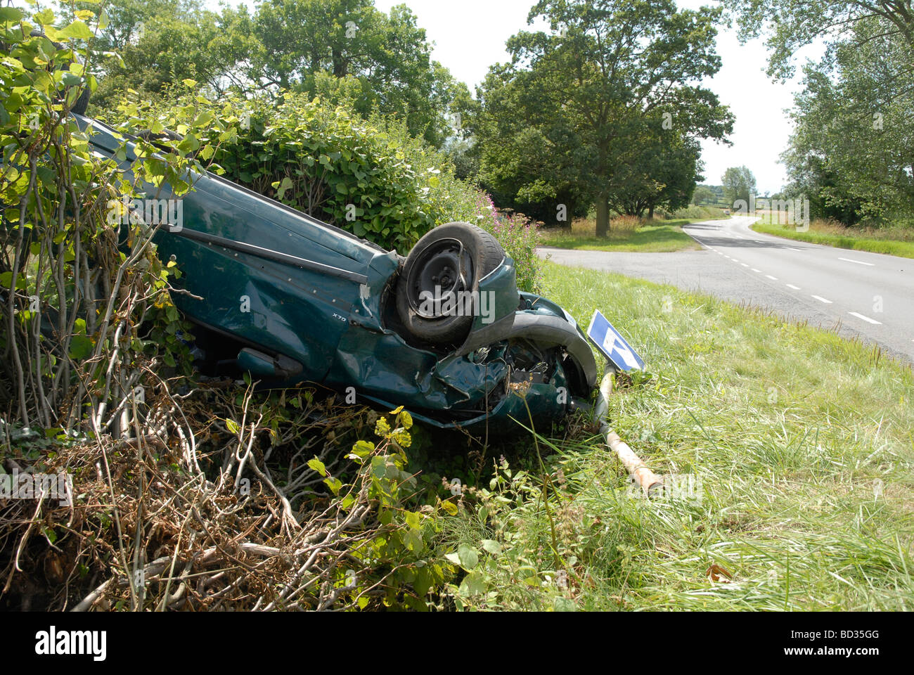 A car crashed off the road in Leicestershire UK 2009 Stock Photo - Alamy