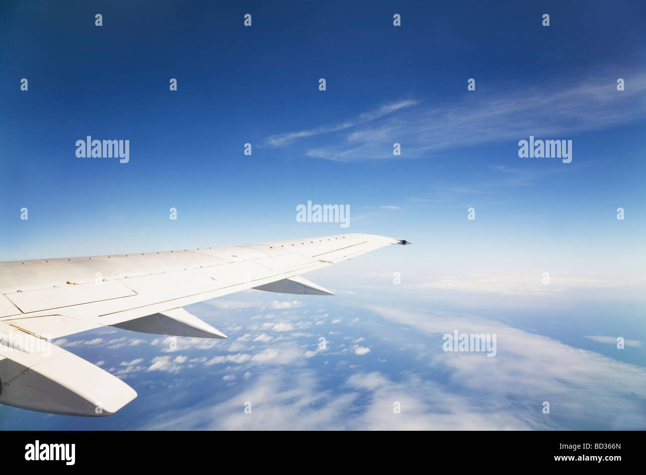 View from an aircraft window of an airplane wing and the Earth below ...