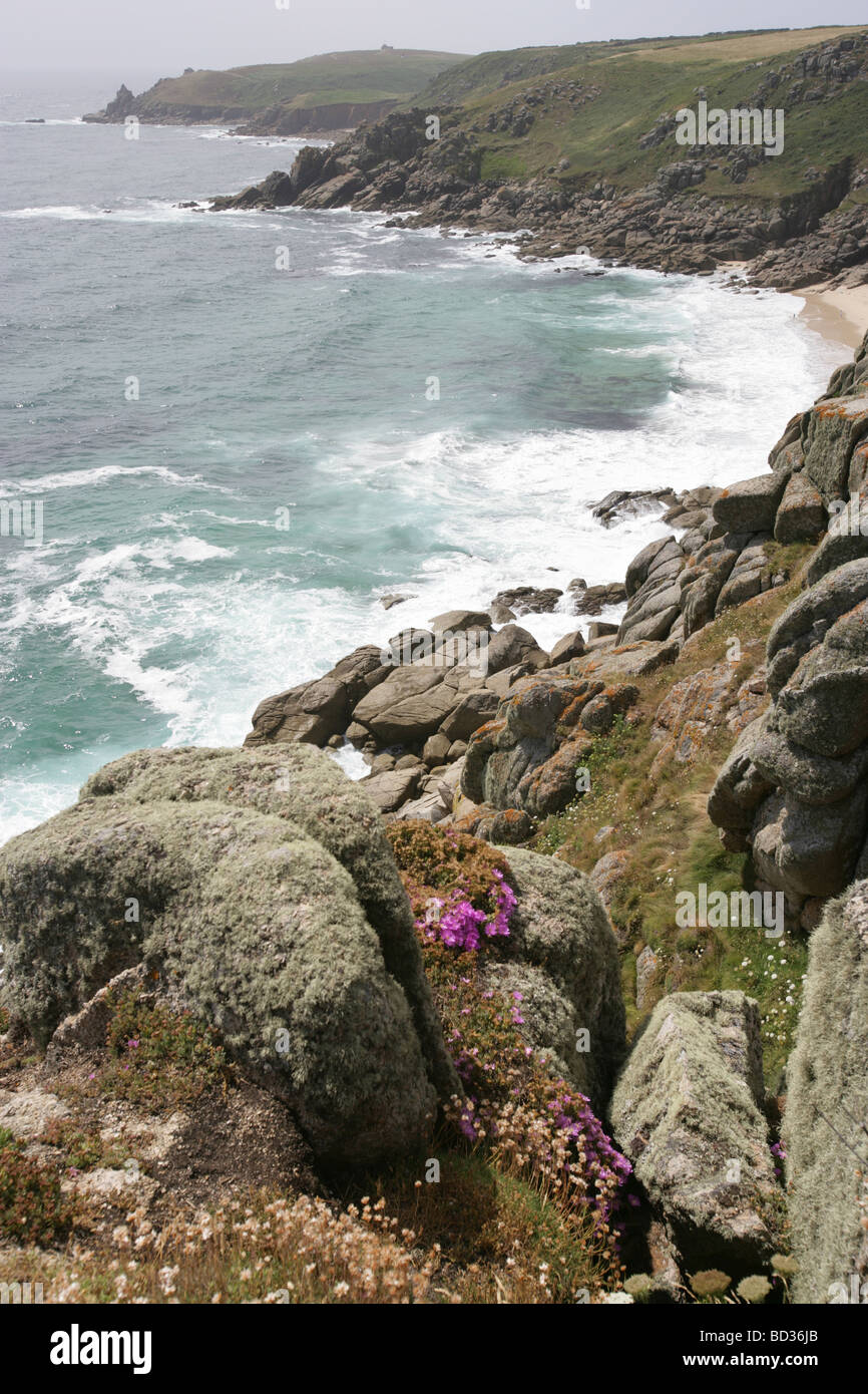 Village of St Levan, England. View of the cliffs looking west from ...