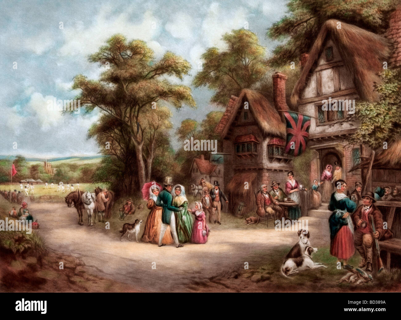Village scene showing people socializing outside tavern(?) and cricket ...
