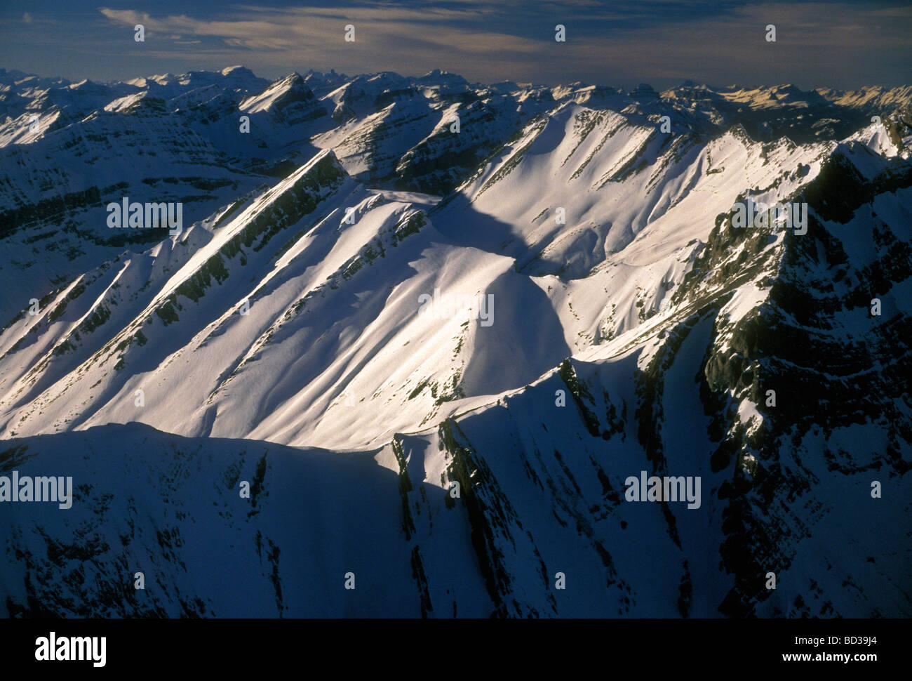 aerial view of the Canadian Rockies along Continental Divide in Banff ...