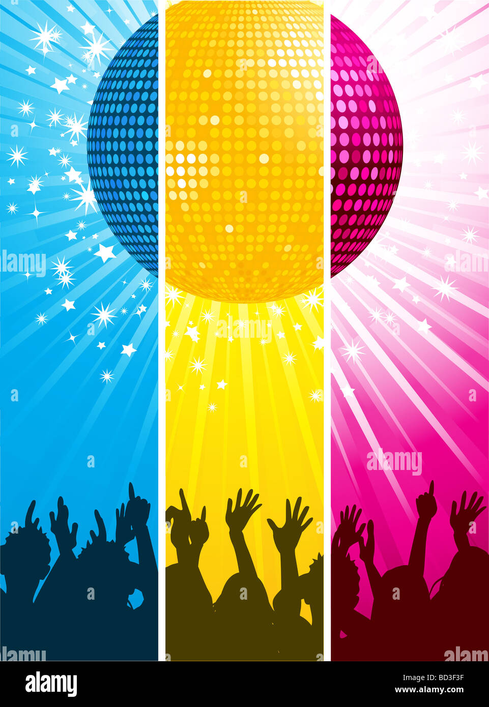sparkling disco ball and crowd split across three colored banners Stock ...