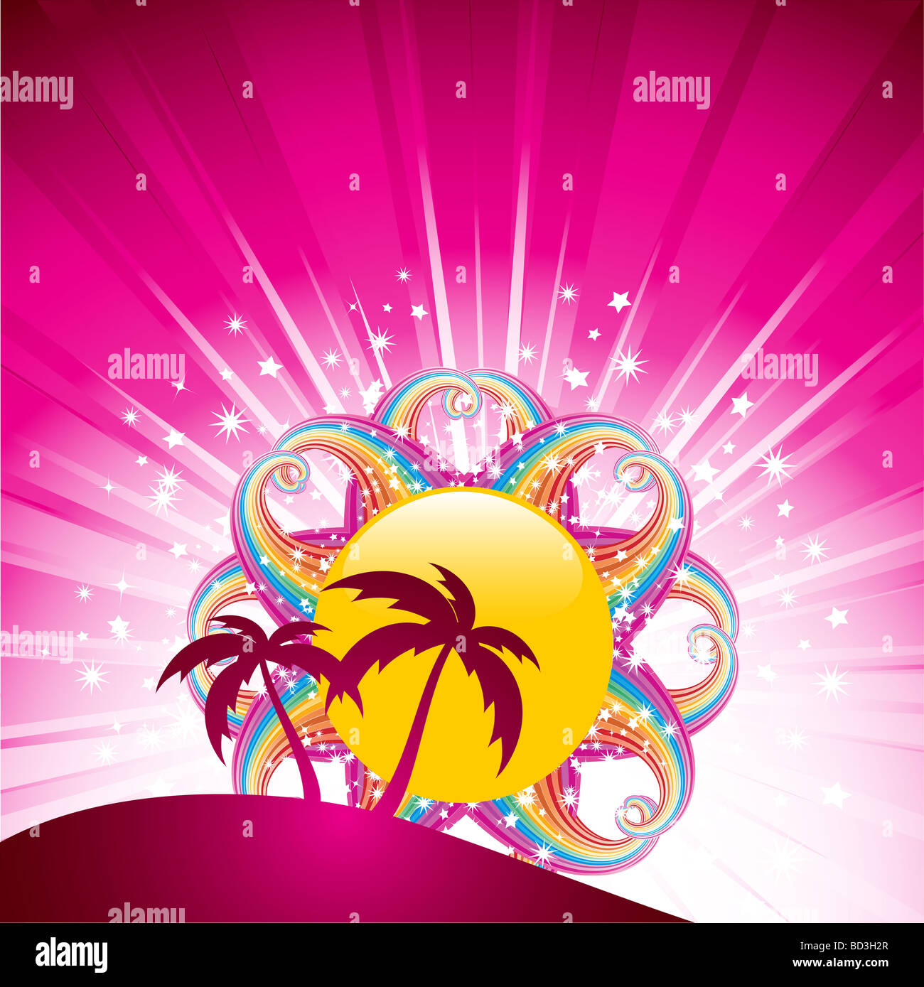glossy rainbow sun in a pink star burst sky setting behind palm trees ...