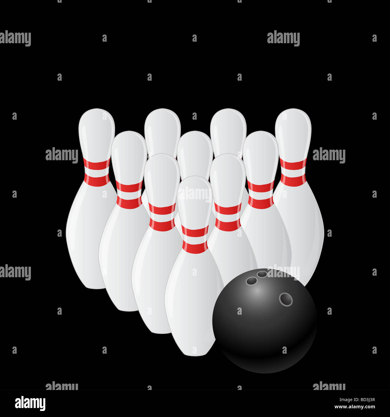 Ten pin bowling image with bowling ball next to pins on a black ...