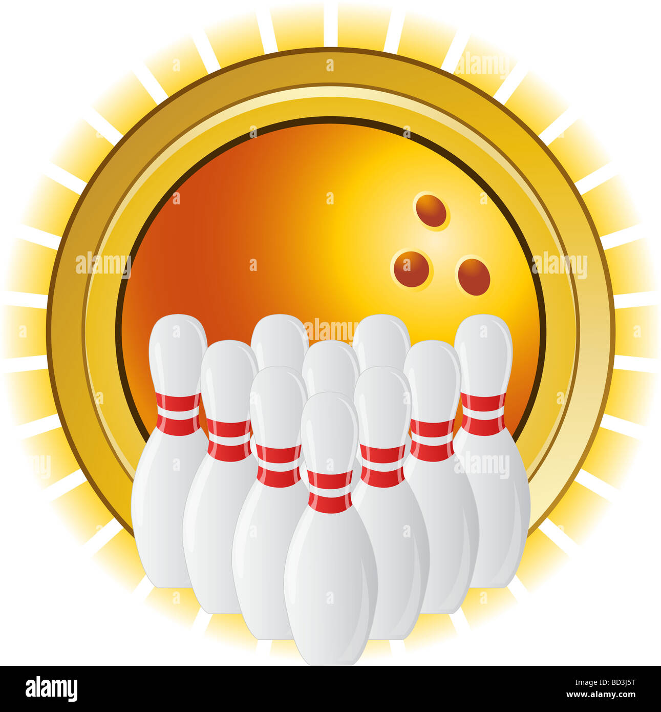 Ten pin bowling image with pins and bowling ball with a gold border ...