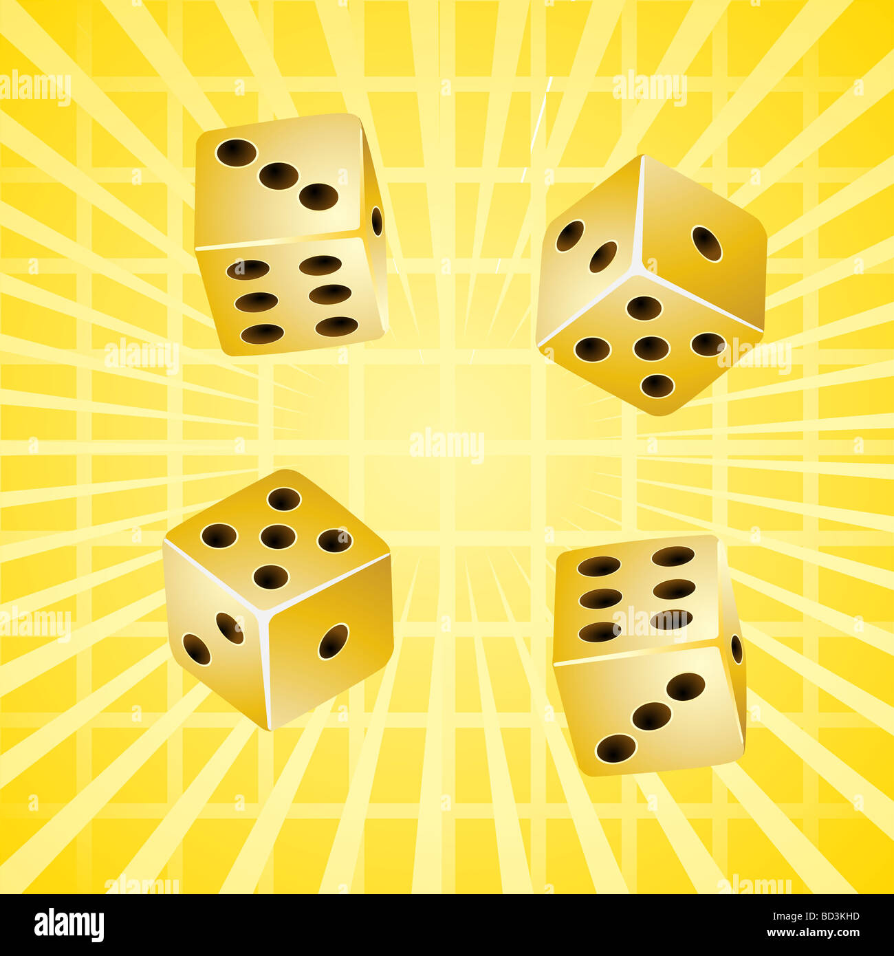 gold dice in the centre of an abstract yellow grid and starburst Stock ...
