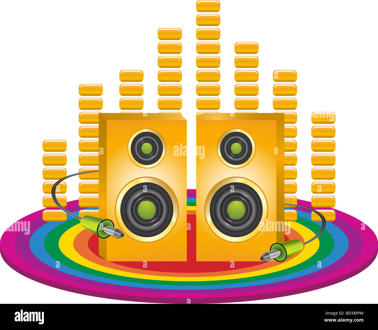 funky music background with yellow speakers and jacks on a rainbow ...