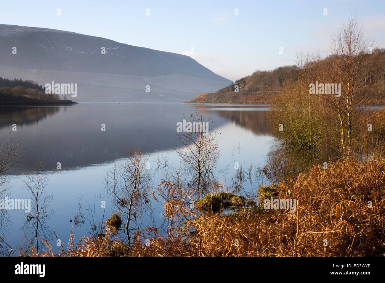 View of Torside Reservoir on a still winters day in the Longdendale ...