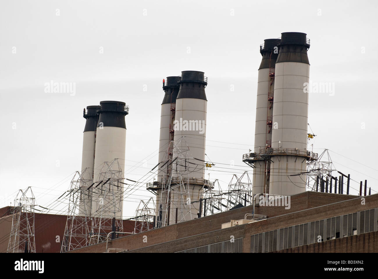 Smoke stacks on an electricity generating facility power plant Stock ...