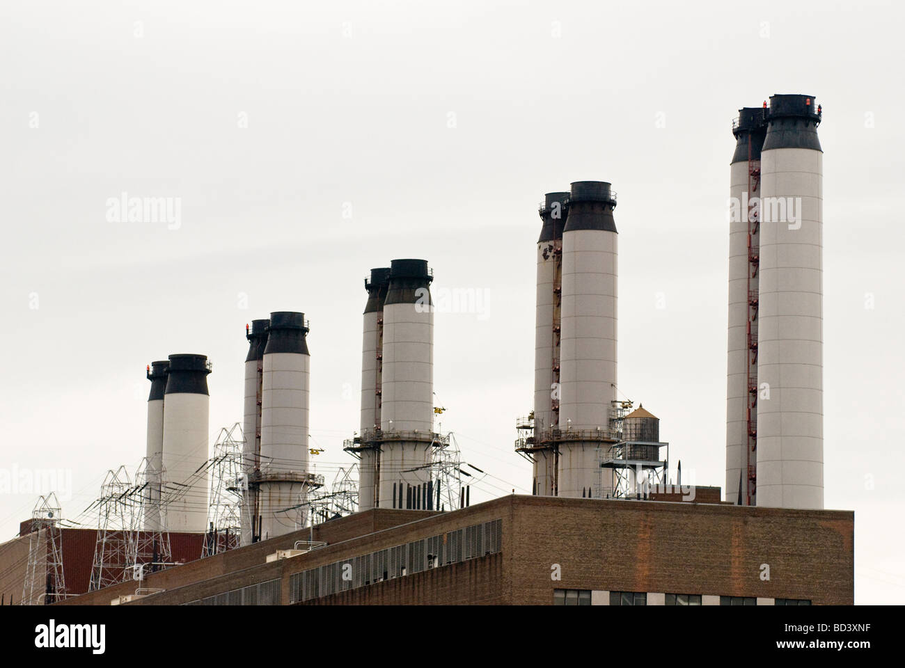 Smoke stacks on an electricity generating facility power plant Stock ...
