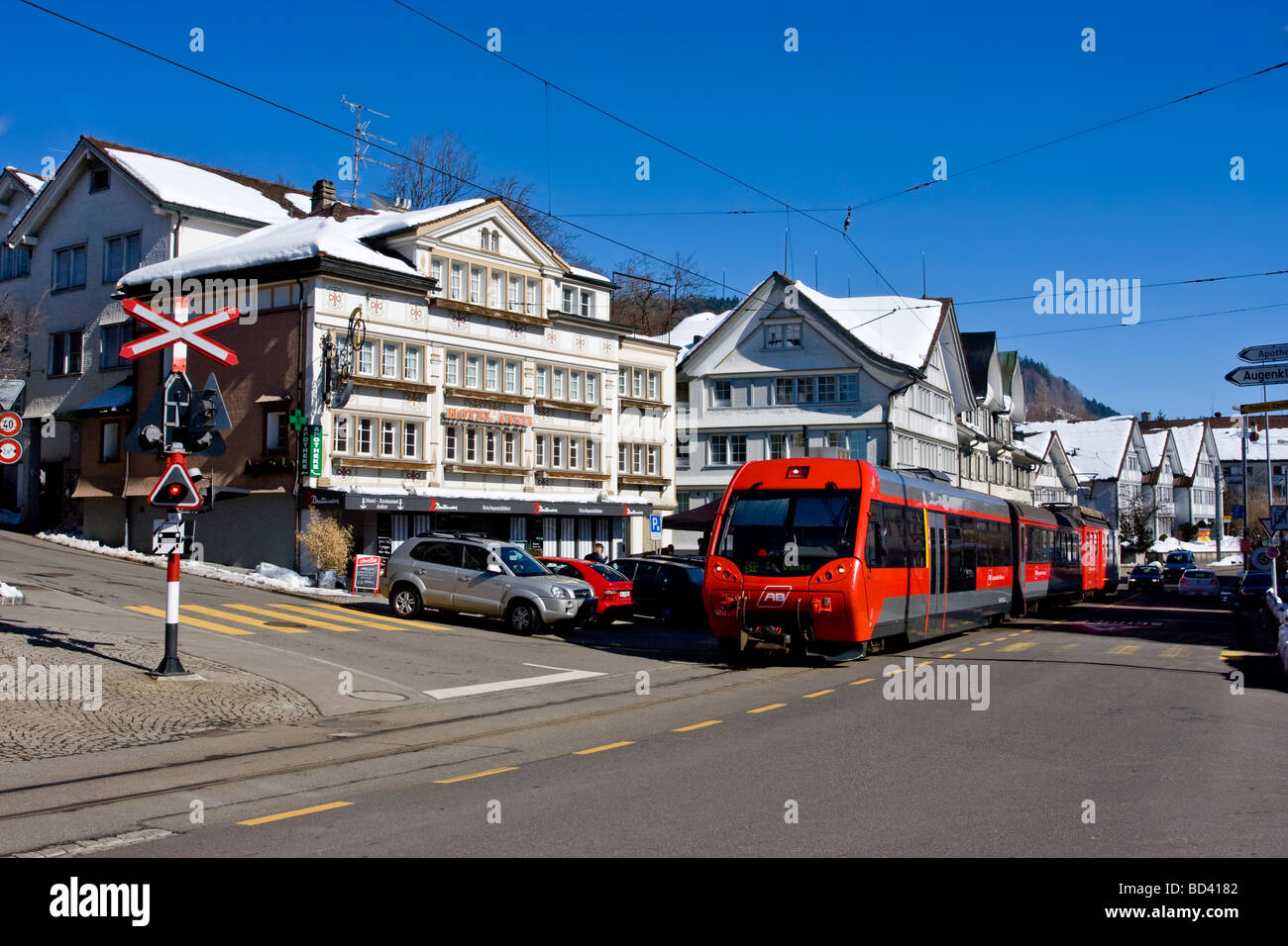 Appenzeller Bahnen local train in the main street of Teufen Switzerland ...