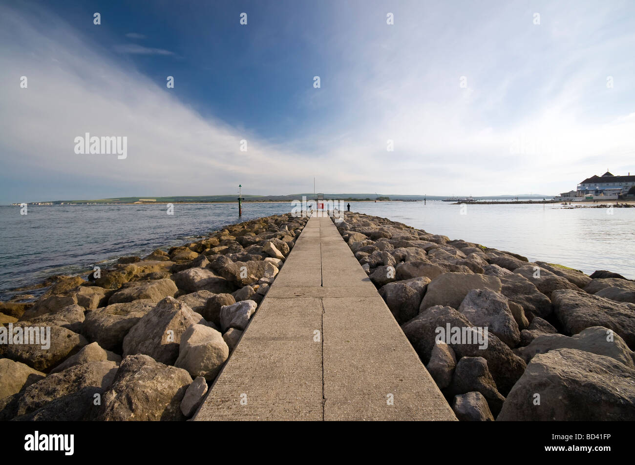 Rock groyne on Sandbanks beach with the Studland coastline in the ...