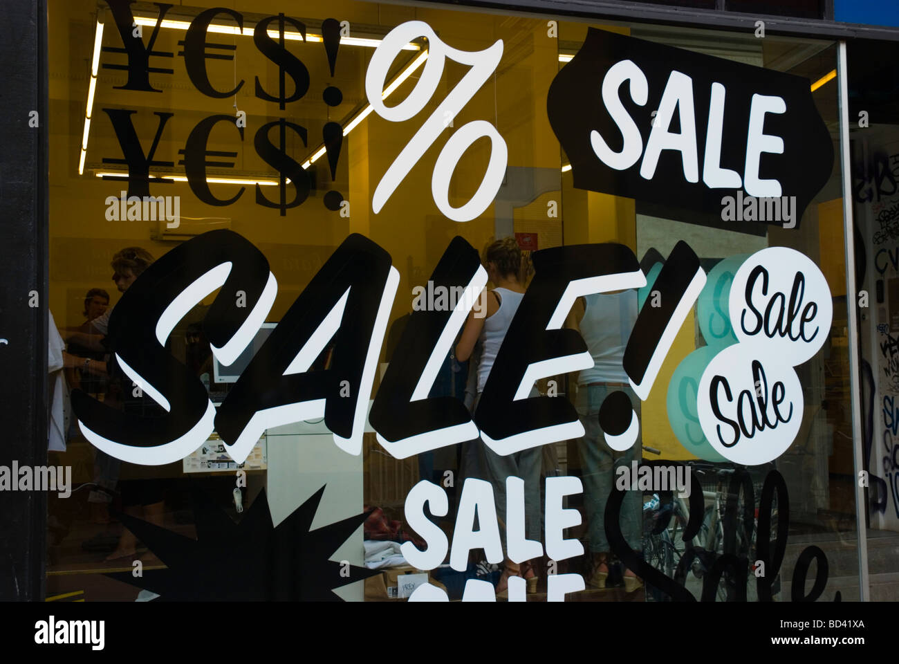 On Sale signs in a shop window in central Copenhagen Denmark Europe ...