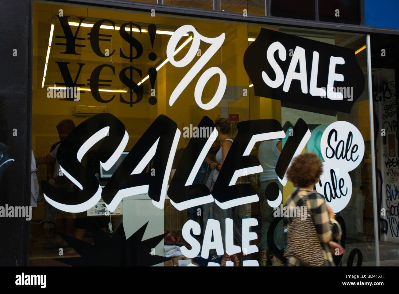On Sale signs in a shop window in central Copenhagen Denmark Europe ...